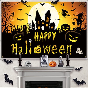 Halloween Decorations - Halloween Backdrop, Happy Halloween Banner with Witch, Pumpkin, Halloween Bats for Halloween Party Decorations, Halloween Decorations Indoor