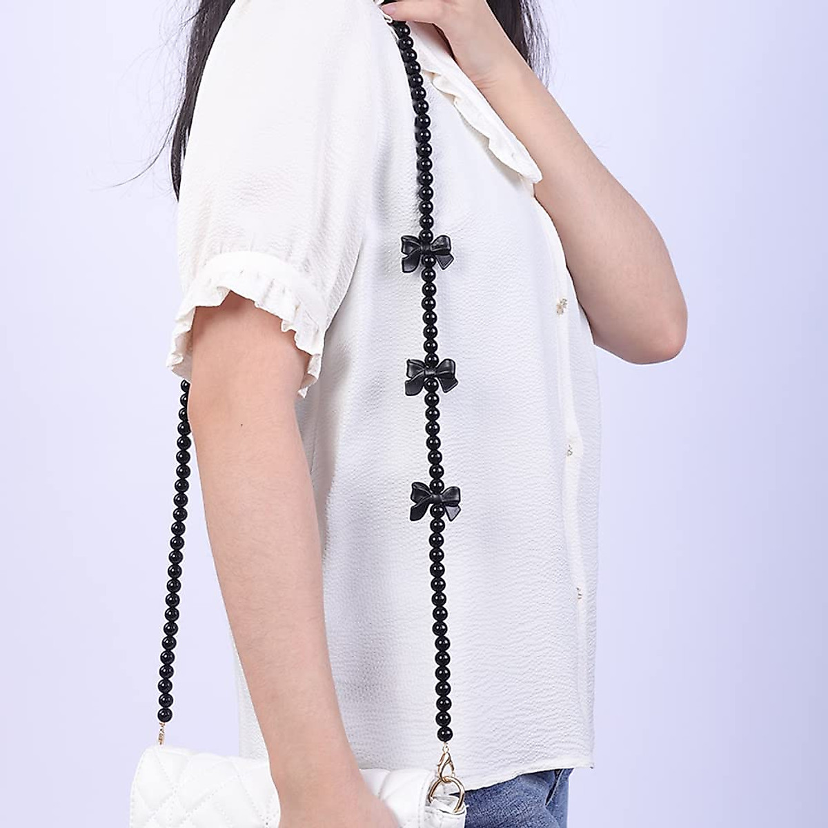 Wiwpar Imitation Pearl Handbag Chains Shoulder Bag Replacement Chain Butterfly Long Messenger Bag Accessories (Black)