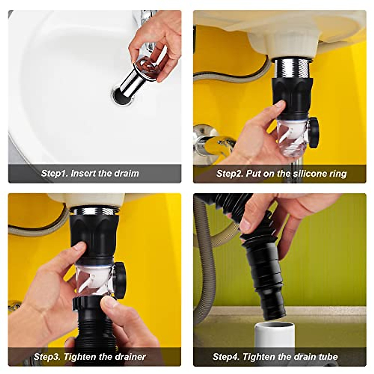 Upgraded Bathroom Sink Drain Kit, with Flexible & Expandable P-Trap Sink Drain Pipe Tube, Built-in Anti-Clogging Stopper Pop Up Drain, Suitable for 1-1/2'' OD Drain Inlets