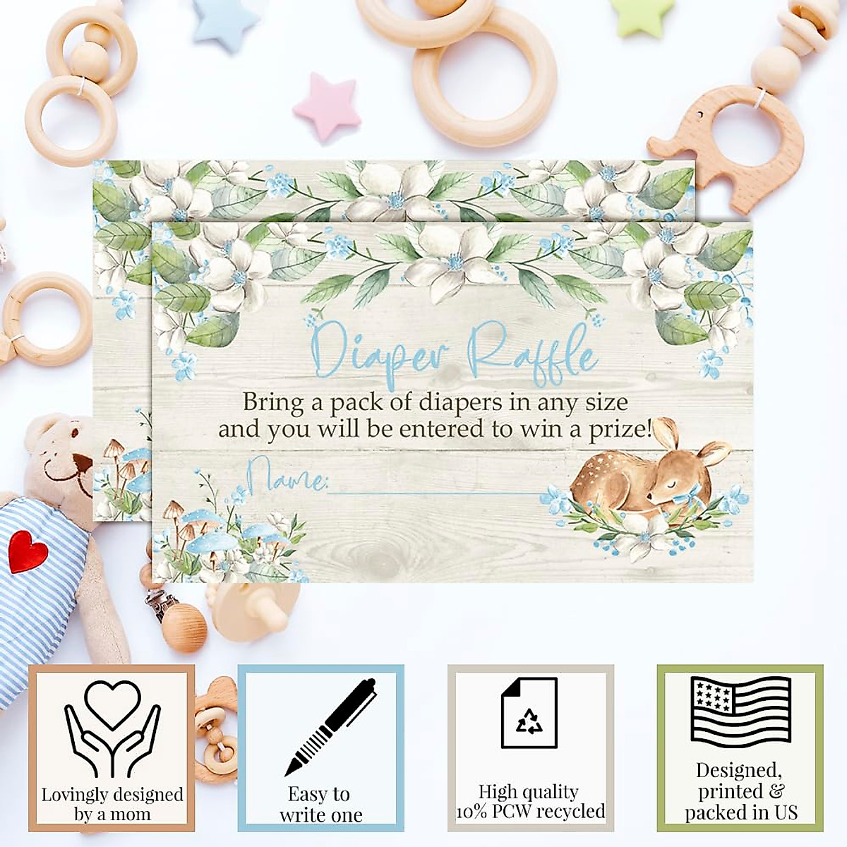 Little Deer Woodland Themed Diaper Raffle Tickets for Boy Baby Showers, 20 2" X 3” Double Sided Insert Cards for Games by AmandaCreation, Bring a Pack of Diapers to Win Favors & Prizes!