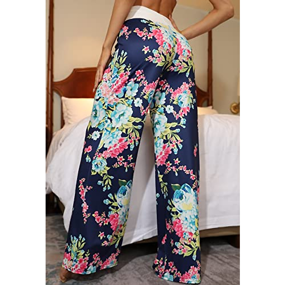 X-Image Women's Floral Printed High Waist Drawstring Wide Leg Palazzo Lounge Pants S-XXL Blue 4, X-Large