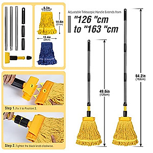 Gadhra Commercial Mop, Looped-End String Industrial Mop, Heavy Duty Mops with 2 String Mop Heads for Floor Cleaning, Blue/Yellow