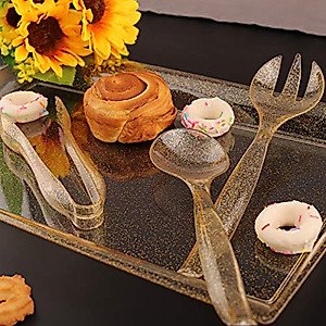 WELLIFE 24 Pack Plastic Gold Glitter Serving Tray with Disposable Utensils, 6 Rectangle Platter 15” x 10”, 6 Serving Spoons 10”, 6 Serving Forks 10”, 6 Serving Tongs 6.3”, Perfect for Buffet & Partie