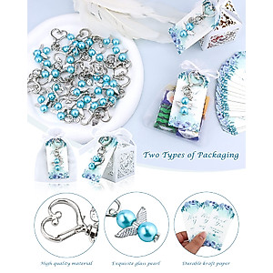 YETOOME 100 Pcs Baby Shower Favors for Boys, Angel Keychains Favor Baptism Favor Boxes White Organza Bags with Drawstring Thank You Tags for Baby Shower Baptism Party Gift, 25 Sets (Blue)