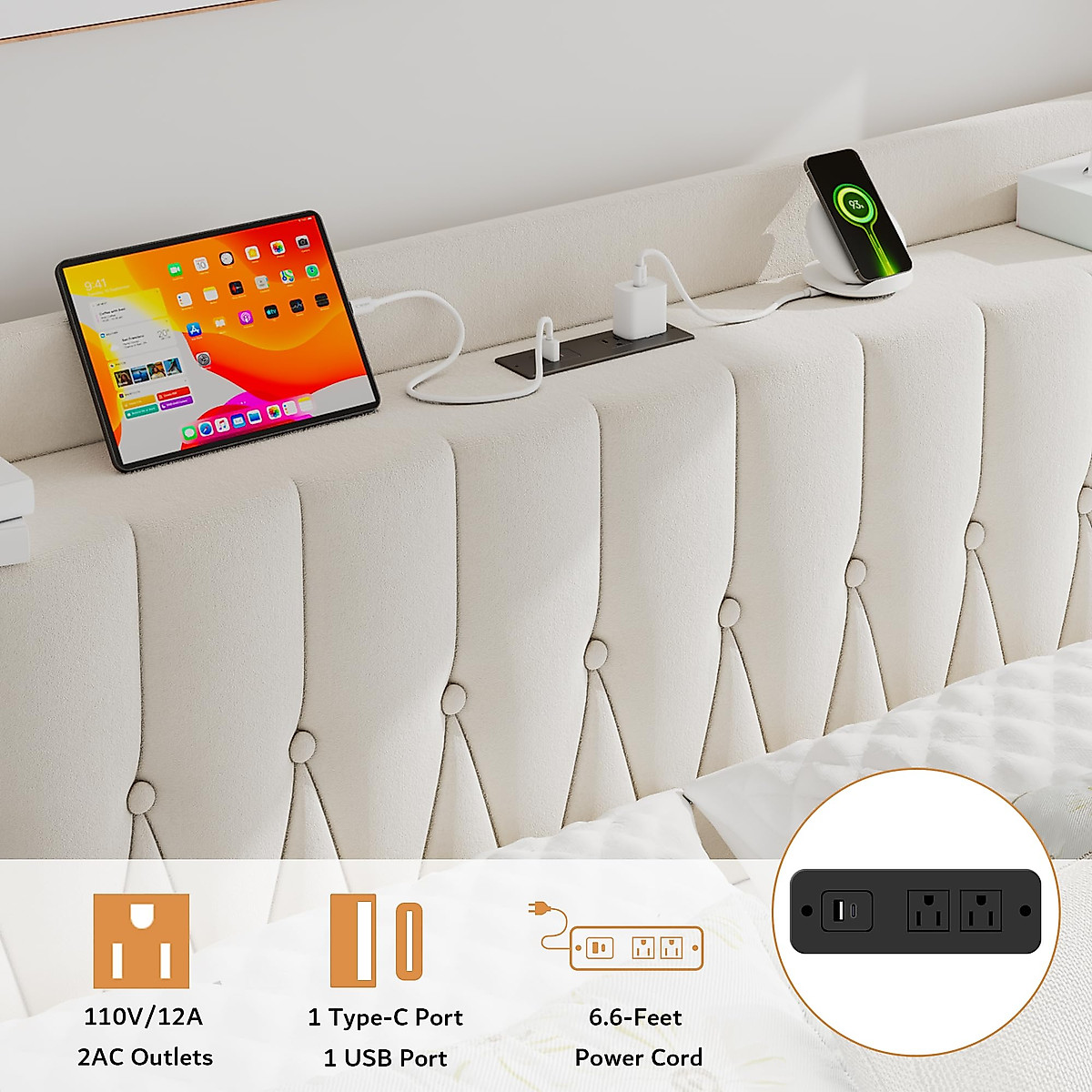 iPormis King Size Metal Bed Frame with Charging Station, Velvet Headboard and Footboard, Heavy Duty Steel Support, 12" Under Bed Storage, No Box Spring Needed, Easy Assembly,Beige&Gold