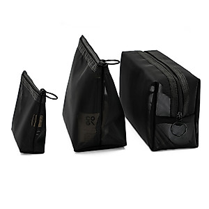 TOPASION Portable Mesh Makeup Bag with Zipper Small Travel Toiletry Bag Lightweight Cosmetic Pouch (Black 3 Piece Set)