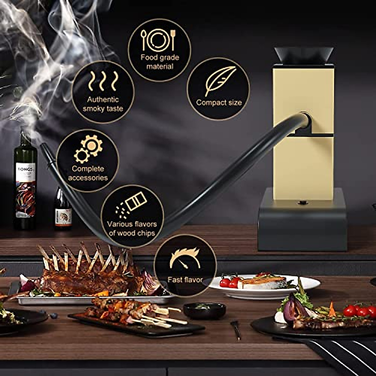 Smoking Gun Portable Smoker Infuser Premium Kit, Cocktail Smoker Machine with 6 Wood Chips and Accessories for Food and Drinks, Ideal Gift for Man(Golden)