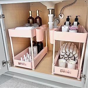 Under Sink Organizers and Storage, 2 Tier Cabinet Organizer with Sliding Pull Out Drawer, Multi-purpose Under Sink Organizer Shelf With Hooks for Bathroom Kitchen, Pink