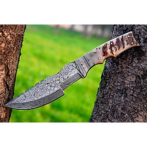 Ottoza Tracker Knife & Ram Horn Handle - Damascus Hunting Knife - Horizontal Carry Knife Sheath 262