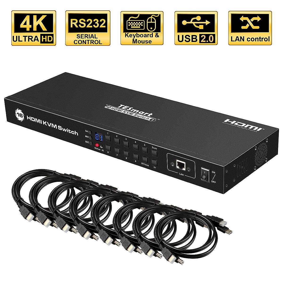 TESmart 4K UHD 16 Ports HDMI KVM Switch, Console Rack Mount Switch with 8 Pcs 5ft KVM Cable, USB 2.0 Device 16 Port Inputs, Control up to 16 Computers/Servers, with RS232 and LAN Port