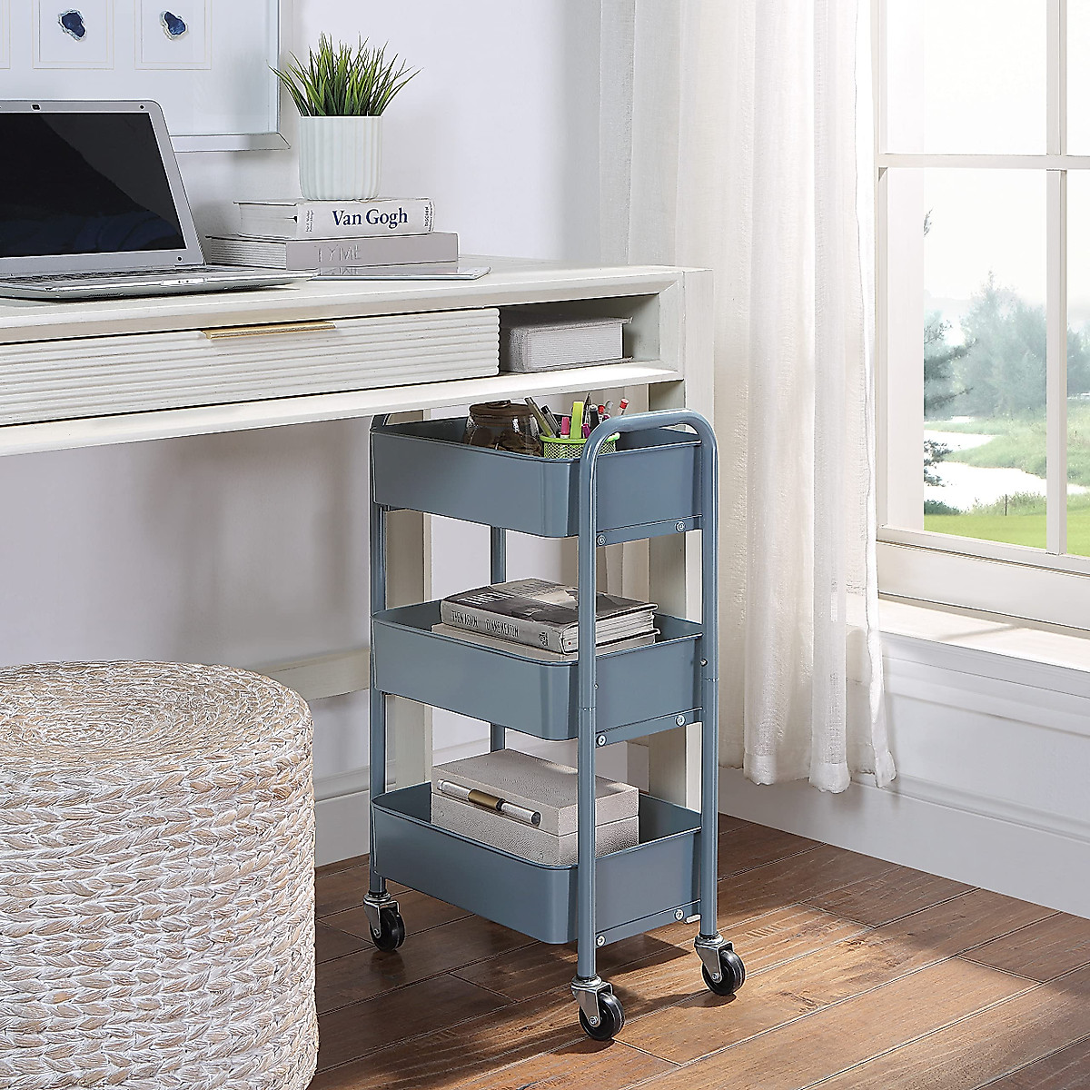 SunnyPoint 3-Tier Delicate Compact Rolling Metal Storage Organizer - Mobile Utility Cart Kitchen/Under Desk Cart with Caster Wheels (Blue, Compact (15.5" X 26.8" X 10.27"))
