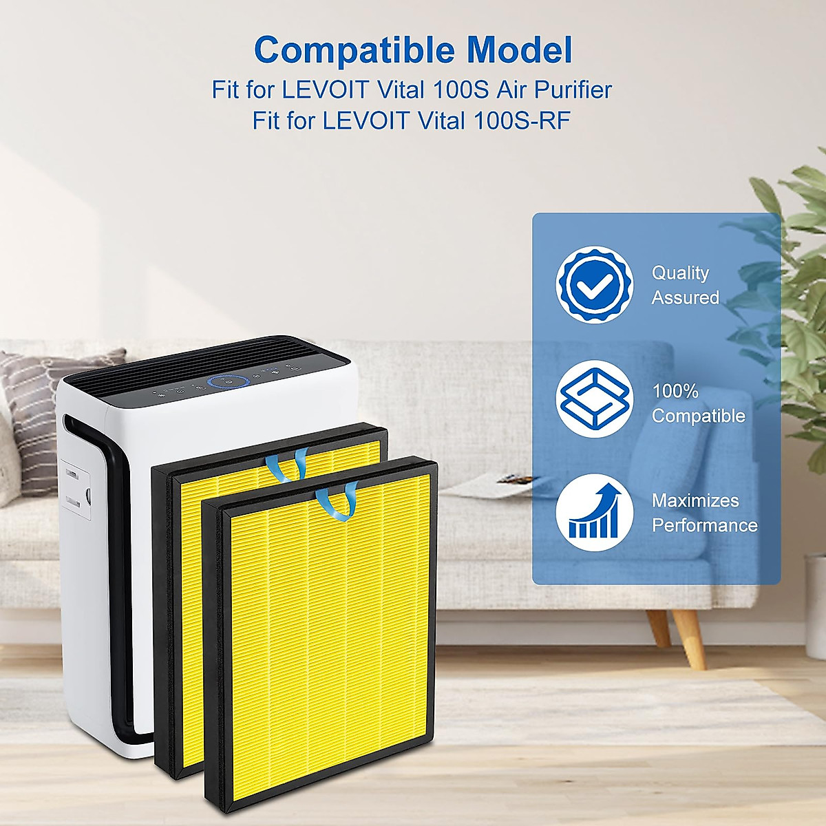 Vital 100S Pet Replacement Filter Compatible with Levoit Smart WiFi Vital 100S Air Puri-fier, 3-in-1 H13 HEPA and High-Efficiency Activated Carbon Filter, Vital 100S-RF, 2 Pack.