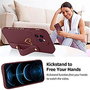 Fiyart Designed for iPhone 12 Pro Max Case with Phone Stand Holder Cute Love Hearts Protective Camera Protection Cover with Wrist Strap for Women Girls for iPhone 12 Pro Max 6.7"-Wine Red