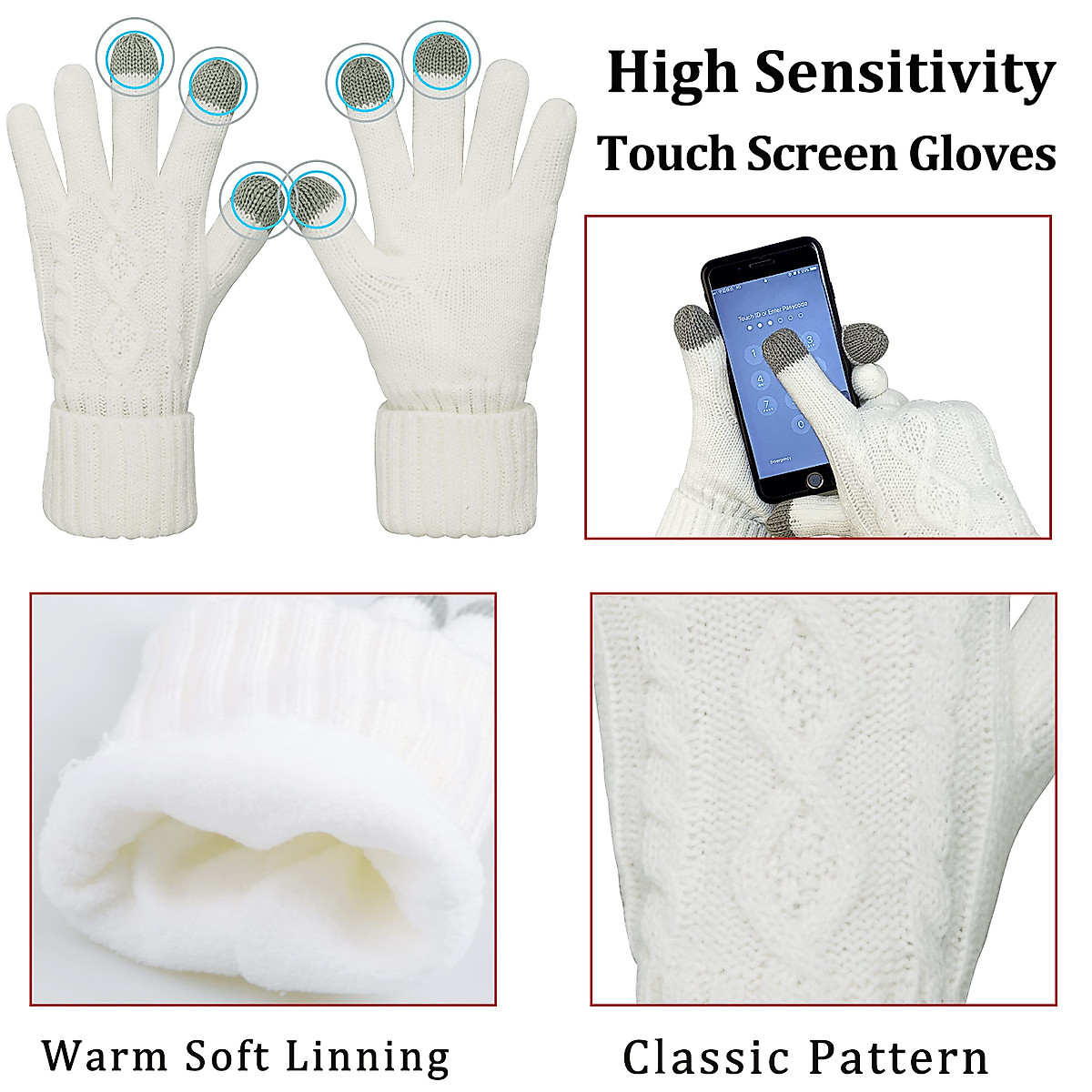 Scarf Hat Gloves Set Women Warm Knit Winter Gift Pom Beanie Touch Screen 3 Pcs (Cream white)