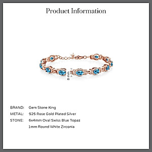Gem Stone King 18K Rose Gold Plated Silver Oval Swiss Blue Topaz Tennis Bracelet For Women (9.65 Cttw, Gemstone Birthstone, 7 Inch With 1 Inch Extender)