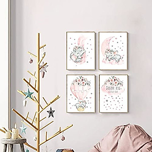 Canssape Pink Elephant Nursery Wall Decor Set of 4 Baby Girl Room Decor Elephant Wall Art Goodnight On A Hot Air Balloon |Dream big little one|(8x10in)(Unframed)
