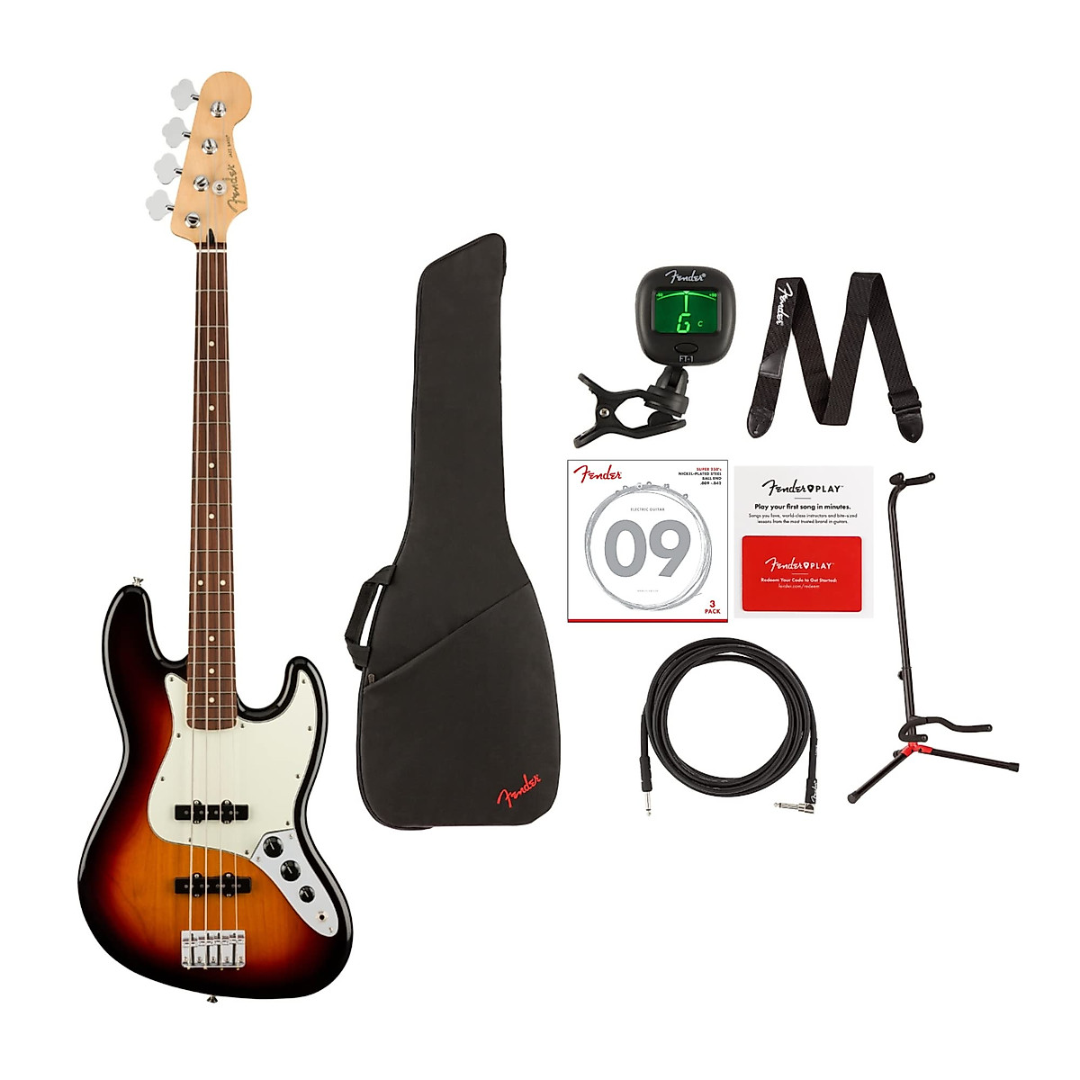 Fender Player 4-String Jazz Electric Bass Guitar (3-Color Sunburst, Right-Handed, Pau Ferro Fingerboard, Right-Handed) (Value Bundle) (8 items)