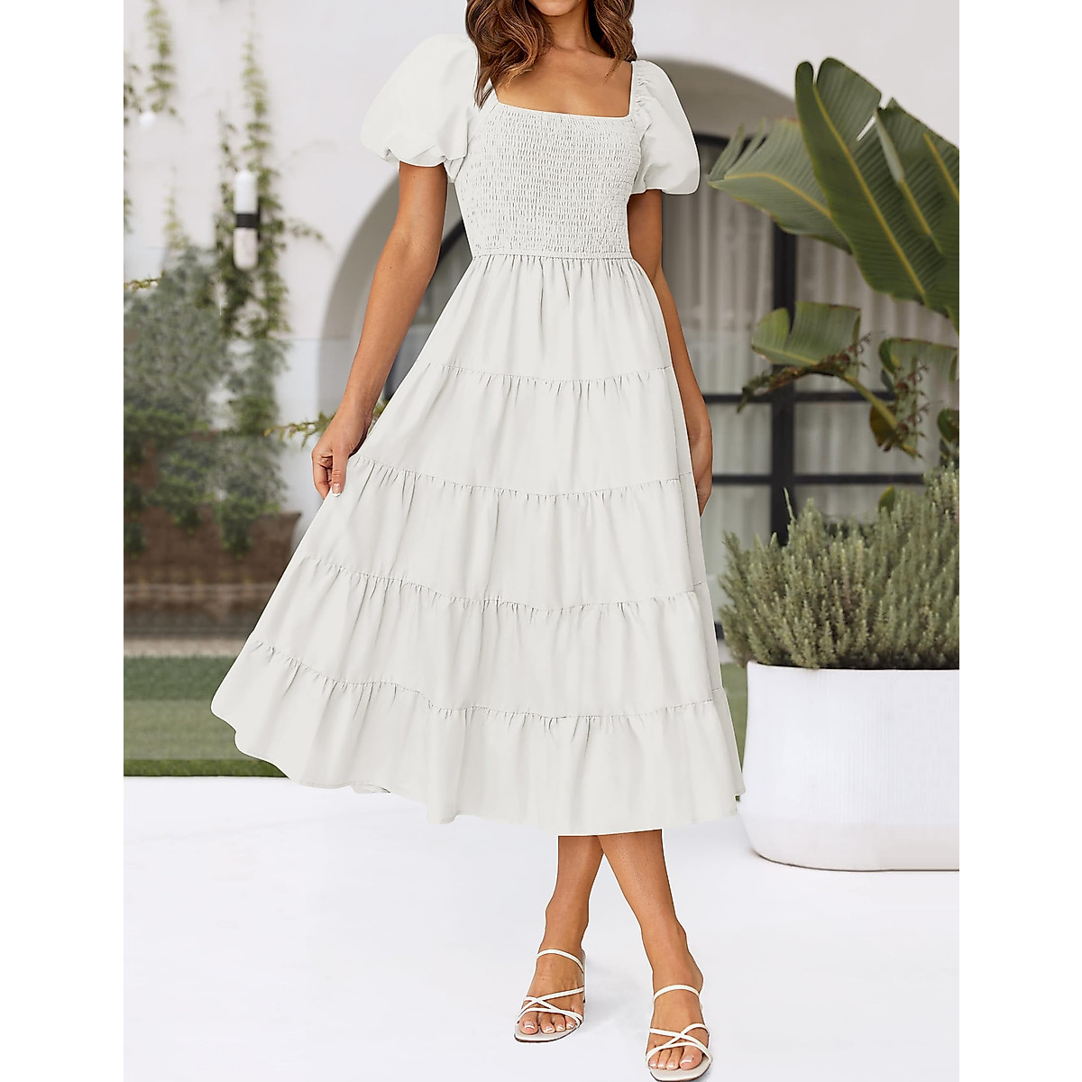 ZESICA Women's 2025 Summer Square Neck Short Puff Sleeve Solid Color High Waist Casual Smocked Flowy A Line Tiered Midi Dress,White,Small