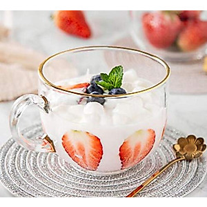 KKGUD Set of 2 Glass Teacups with Gold Rim, Oatmeal Cups, Yogurt Bowls with Spoons (Simple Design, 16oz)