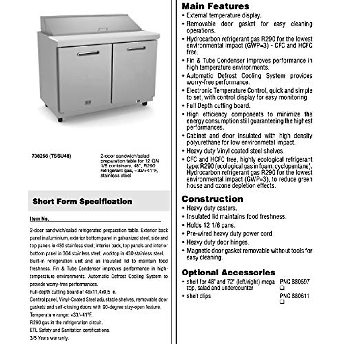 Kelvinator KCHST48.12 Stainless Steel Sandwich/Salad Preparation Table, 48" with 12GN 1/6 containers
