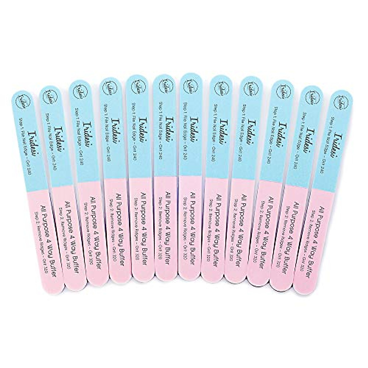 Iridesi 4 Way Finger Nail File and Buffer, Emery Boards For Natural Nails, 4 Fingernail Files in 1, Professional Filer Board and Shiners, 7 Inches Long, Salon Supplies Buffers Shine Kit, 12 Pack