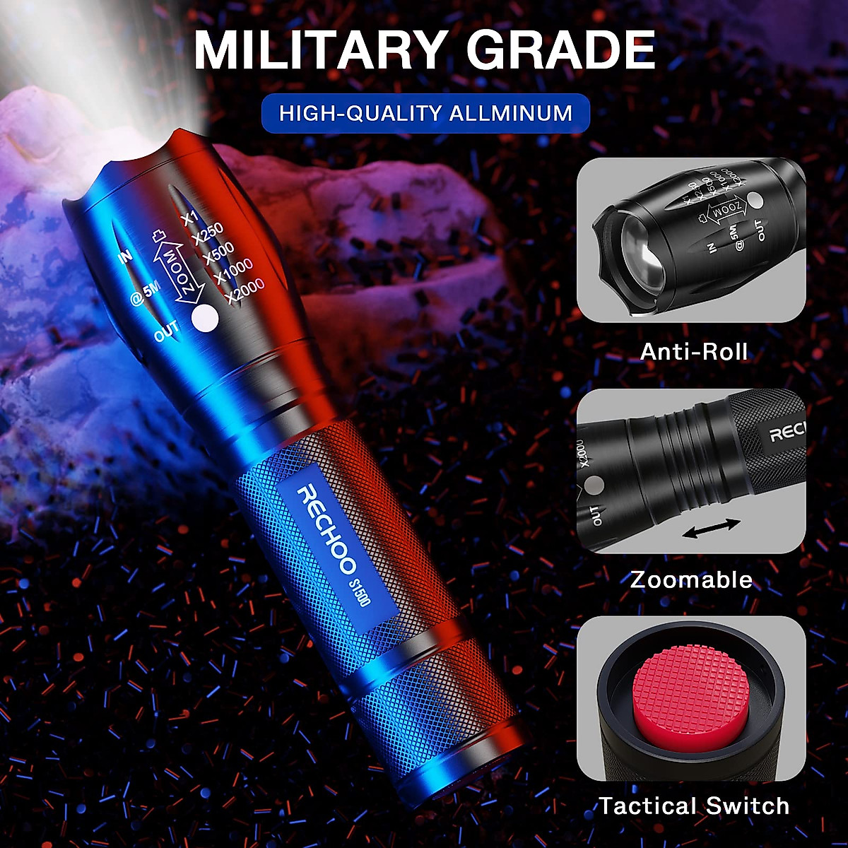 RECHOO 8 Pack LED Flashlight, Bright Powerful Flash Light with 5 Lighting Modes, Small Zoomable Tactical Flashlights High Lumens, Waterproof EDC Flashlights for Home, Camping, Emergency - S1500