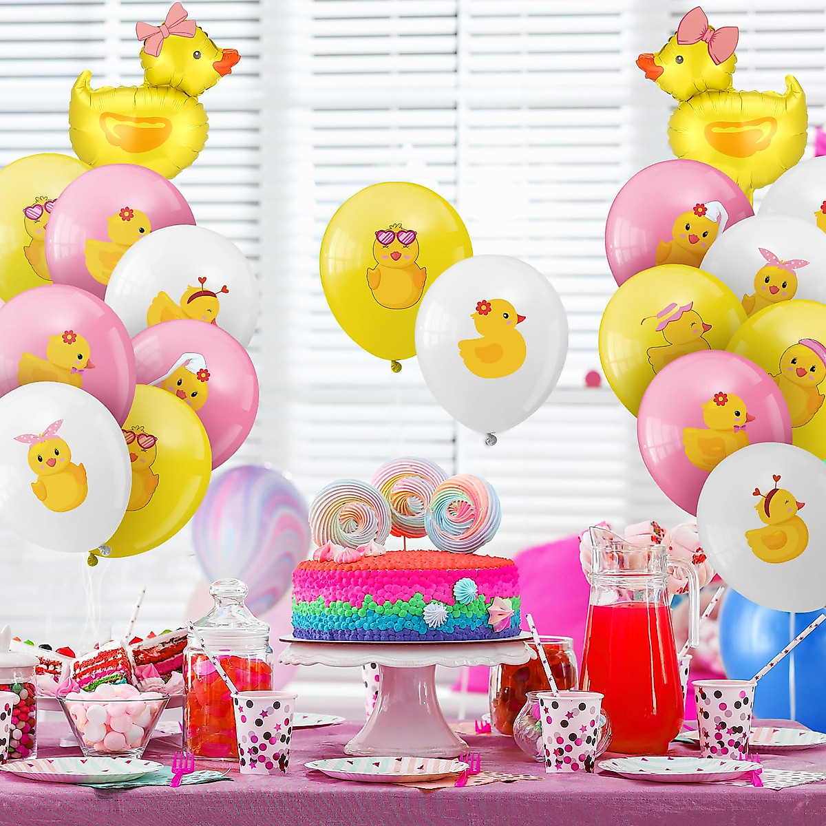 Sratte 40 Pcs Duck Balloon Rubber Duck Party Decorations 12 Inch Duck Shape Foil Balloons Blue Pink Yellow White Latex Balloon for Baby Shower Rubber Duck Themed Birthday Party Supplies (Bowknot)