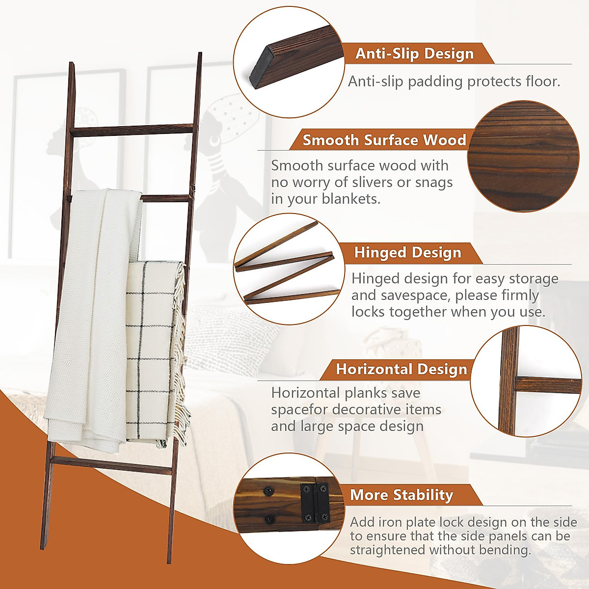 DEDU 6-Tier Blanket Ladder Wooden, 5.5FT (66.5") Blanket Towel Holder Rack Decorative Ladder, Rustic Farmhouse Ladder Shelf Easy Assembly for Living Room Bathroom Bedroom Home Decor (Brown)