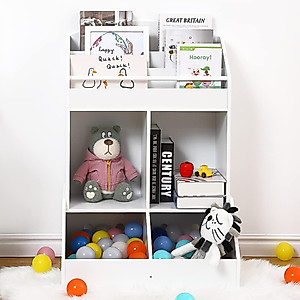 Kids Bookshelf and Toy Storage, Wood Book Shelf Organizer for Toddler, Playroom Storage, White