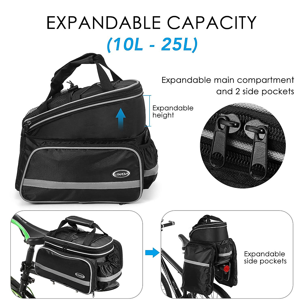 LIXADA Bike Trunk Bag Waterproof Bicycle Rack Rear Carrier Bag 25L Bicycle Commuter Bag Bike Rack Bag Pannier Bag Shoulder Bag with Rain Cover