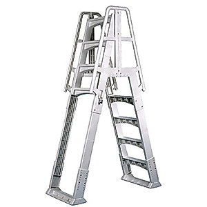 Vinyl Works SLA A-Frame 48-56 Inch Adjustable Above Ground Swimming Pool Ladder Entry System with Slide Lock Barrier and Handrails, White