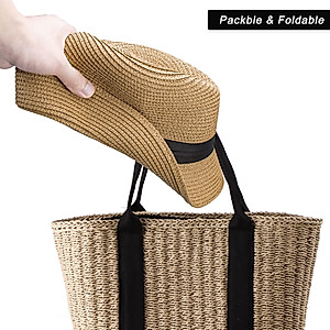 Womens-Sun-Hat Summer-Straw-Fedora Hat Foldable-Panama Beach-Sun Hat Short Brim Trilby-Hat - M-L Adjustable String Bulit-in Khaki