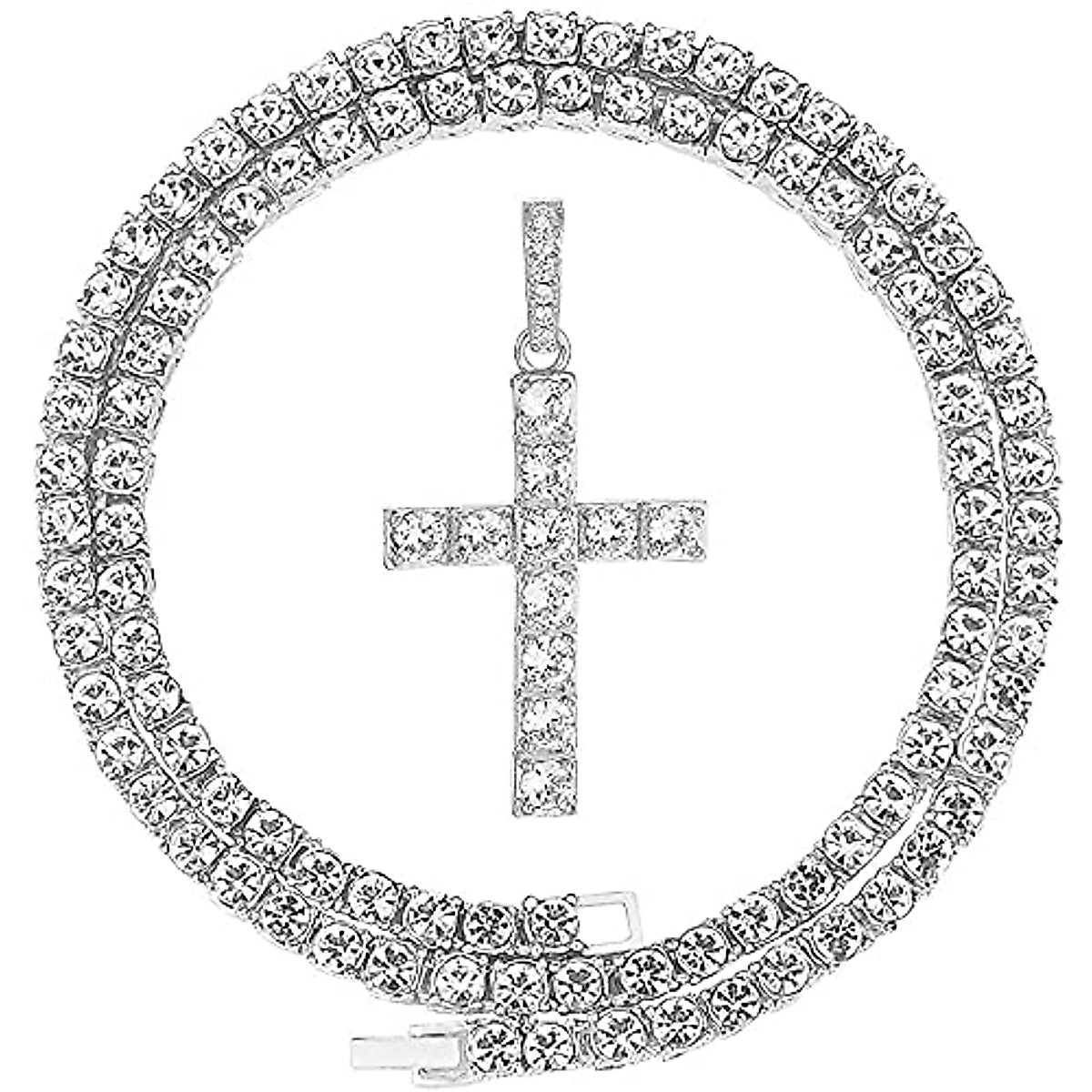 Iced Out Cross Pendant on Tennis Chain for Men or Women - Bling'ed Out Hip Hop Jewelry on Blast! - Gold or Silver and Size Your Choice - TN001 Cross (16" Silver)