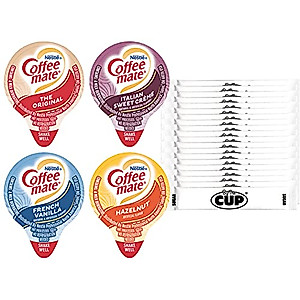 Coffee mate Liquid .375oz Variety Pack (4 Flavor) 100 Count includes Original, French Vanilla, Hazelnut, Italian Sweet Crème & By The Cup Sugar Packets