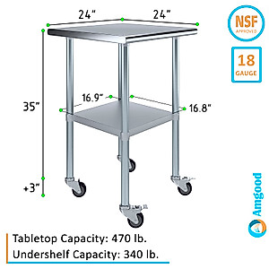 24" X 24" AmGood Stainless Steel Work Table with Wheels | Metal Mobile Table | Food Prep