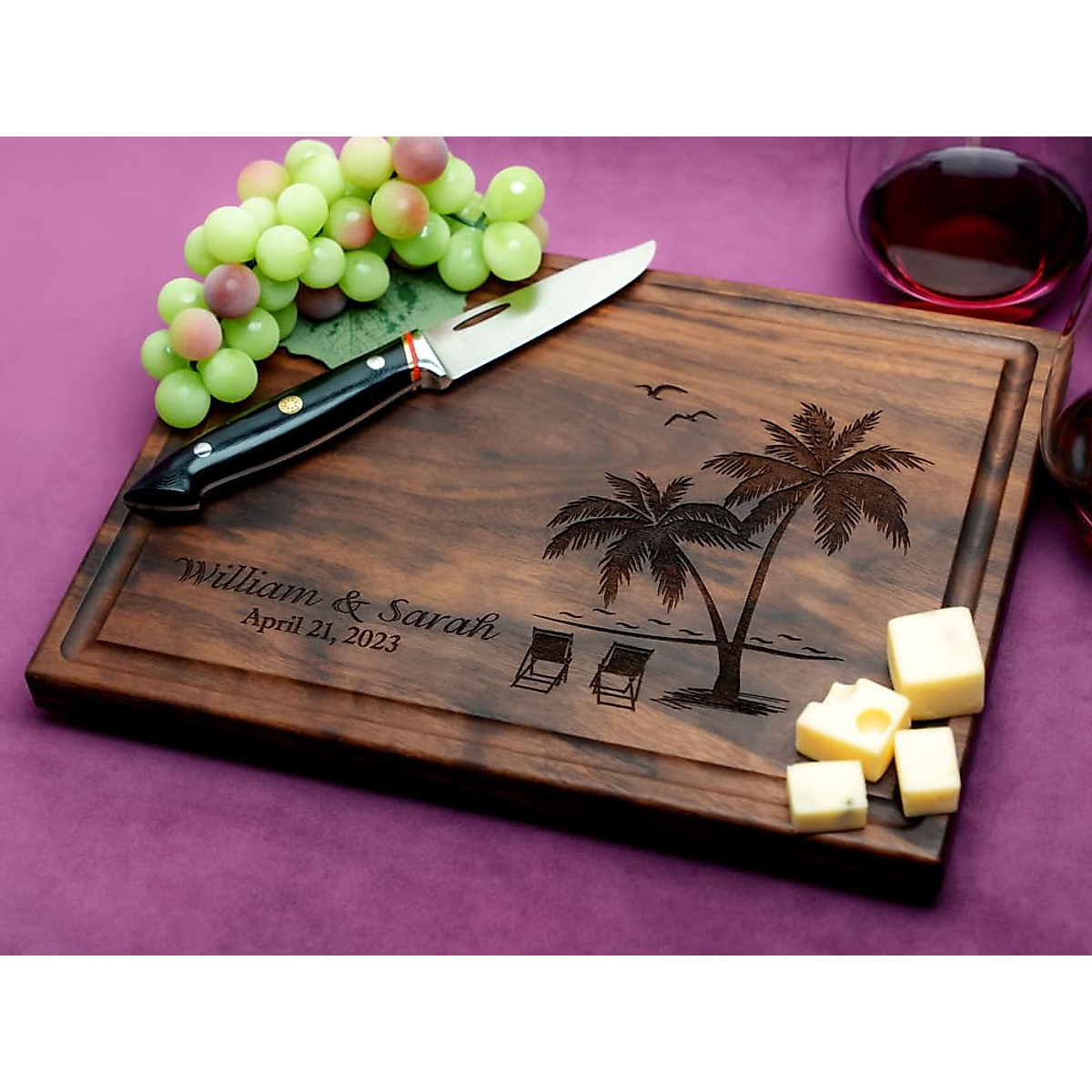 Straga Personalized Cutting Boards | Handmade Wood Engraved Charcuterie | Custom Wedding, Anniversary, Birthday Gift for Couples, Beach Lovers (Tropical Beach Design No.409)