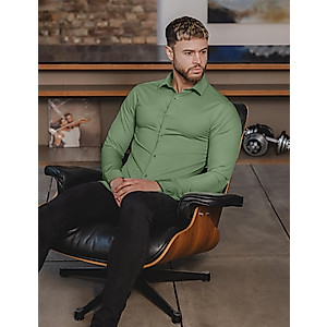 URRU Men's Muscle Dress Shirts Slim Fit Stretch Long Sleeve Casual Button Down Shirts Army Green M