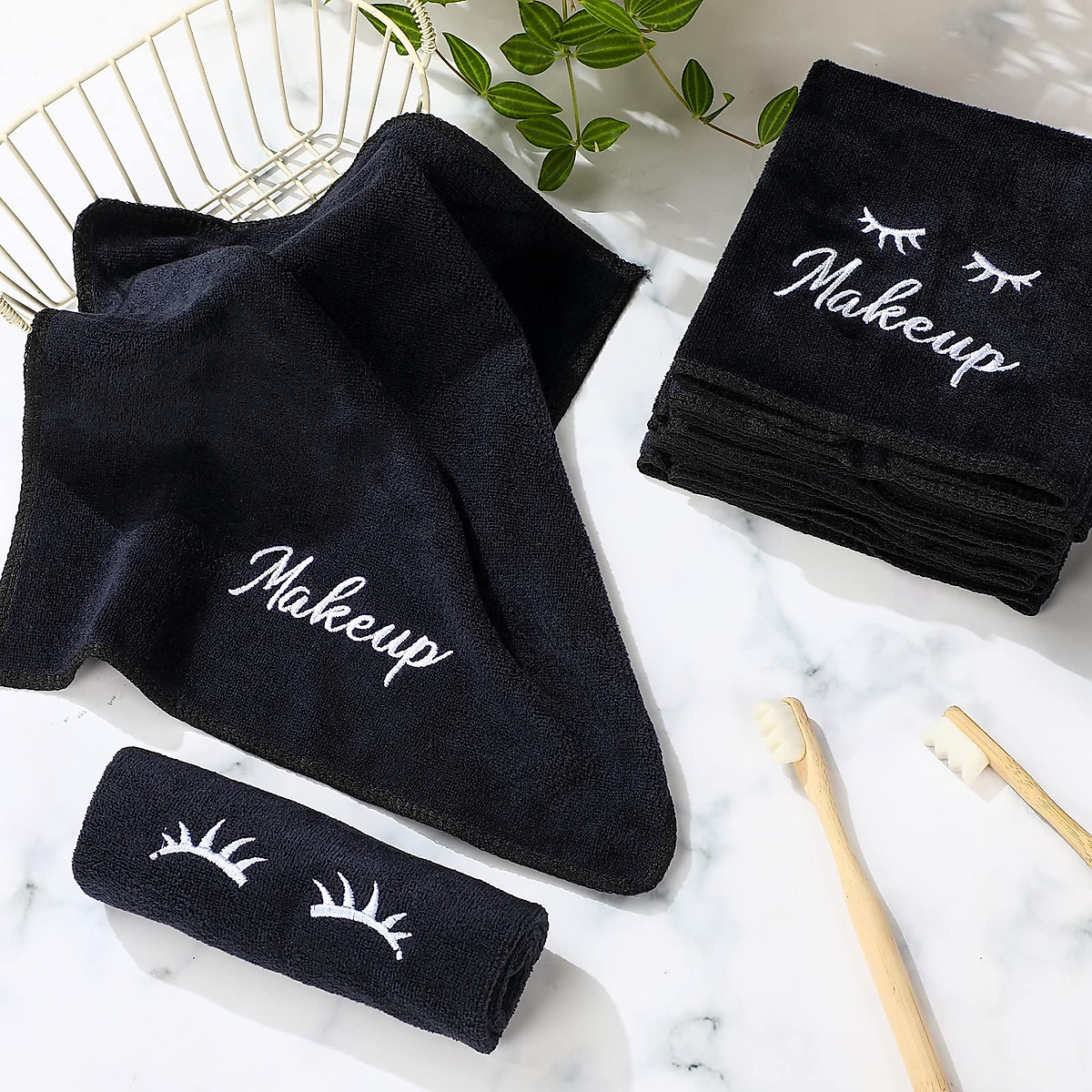 45 Pcs Makeup Remover Towels 13 x 13 Inches Reusable Makeup Wash Cloth Facial Cleansing Cloths Face Towel Washcloths with Embroidery for Hand and Make Up (Black with White Embroidery)