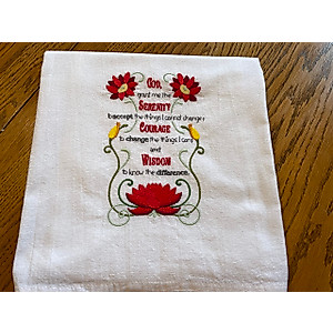 Serenity prayer embroidered flour sack tea towel, dish towel, choice of flower and large text color, machine embroidery,