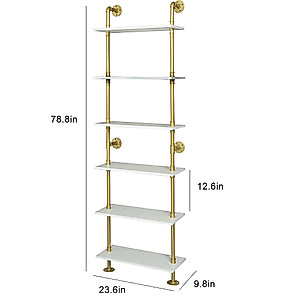 HEONITURE Industrial Gold Bookshelf-6 Tier Wall Mounted Ladder Bookshelf, Rustic Gold Storage Book Shelves Display Bookcases for Living Room/Home/Office