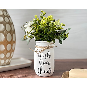 Wash Your Hands Mason Jar, Hand Painted and Distressed Mason Jar Decor, Pint 16 oz. Regular Mouth White Mason Jar, Artificial Flower Arrangement, Rustic Farmhouse Mason Jar Bathroom Decor for Shelf