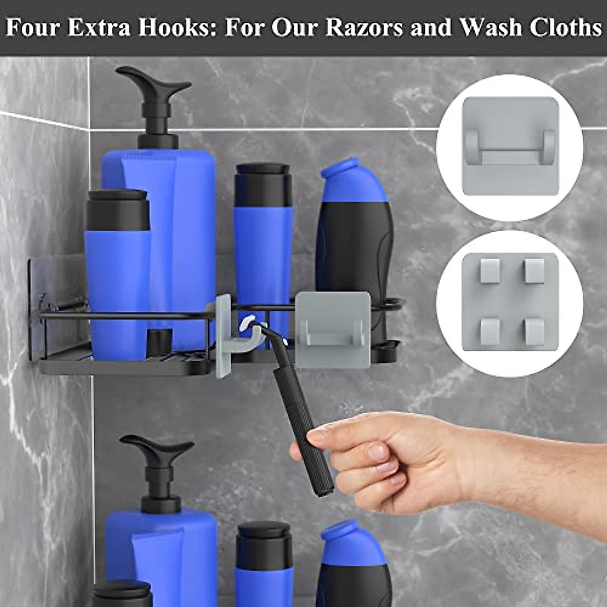 Nieifi Corner Shower Caddy Shelf Organizer Shelves Basket with Hooks, Bathroom Adhesive Shampoo Holder 2 Pack, No Drilling No Rust Black