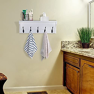 Dseap Wall Shelf with 5 Dual Hooks - 17-inch Heavy Duty Coat Rack Wall Mount with Shelf, Entryway Shelf with Hooks Underneath - Solid Pine Wood - for Entryway, Mudroom, Kitchen, Bathroom, White TEG02B