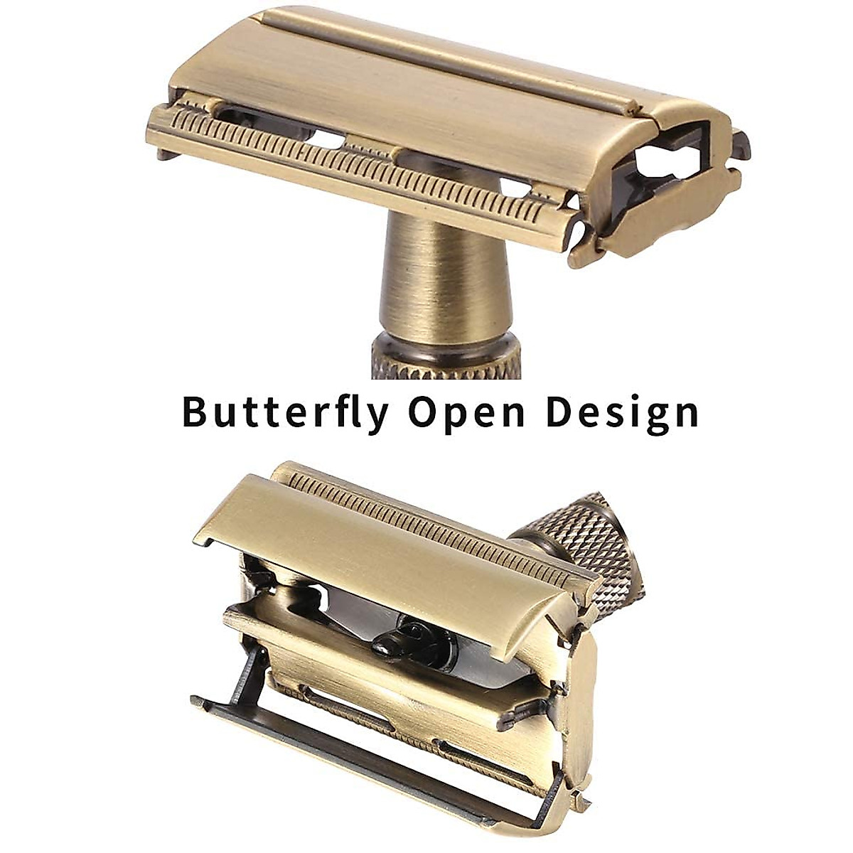 Yintal Double Edge Safety Razors,Classic Men Shaving Butterfly Open Razor - Bronze Long Handle Women Razors With 5 Blades,Reusable Metal Brass Manual Shaver Close Comb