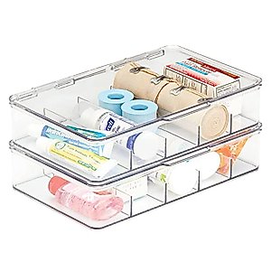 mDesign Plastic Divided First Aid Storage Box Kit with Hinge Lid for Bathroom, Cabinet, Closet - Organize Medicine, Ointments, Adhesive Bandages - 5 Sections, Ligne Collection, 2 Pack - Clear