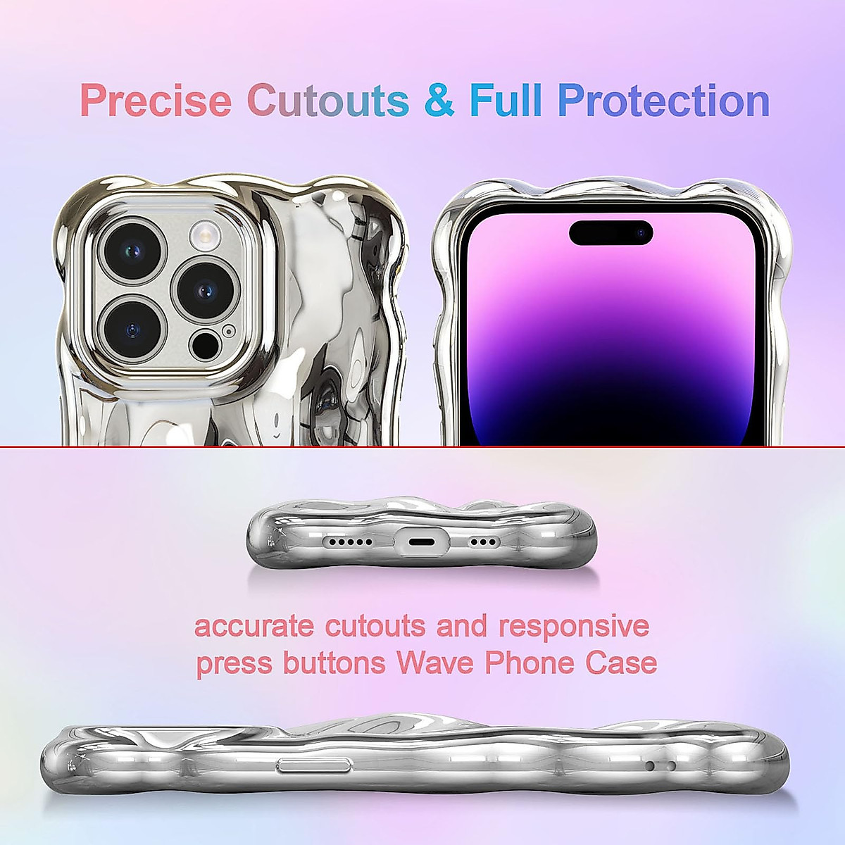UEEBAI Ripple Case for iPhone 13 Pro Max, Cute Silver Cover Wave Shape for iPhone Case Pretty Aesthetic 3D Phone Cover, Water Ripple Shell 3D Chrome Design for Women and Girl, Silver