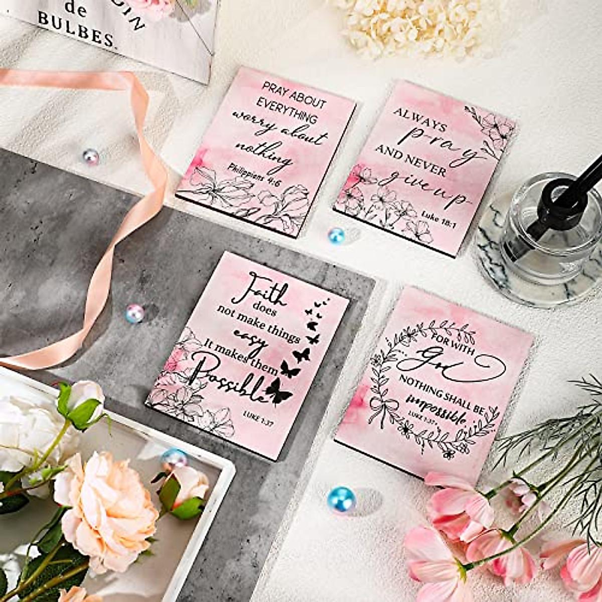 4 Pieces Inspirational Quotes Desk Decor Christian Home Decors Pink Motivational Bible Wood Block Plaque Table Signs Decorative Table Sign Centerpiece for Women Desk Office Decor Gift for Girls