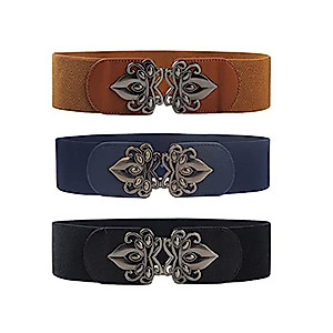 Swtddy 3 Pack Womens Vintage Wide Elastic Stretch Waist Belt For Dresses (Vintage Design Black+Camel+Navy blue, Suit For Waist Size 27"-35")
