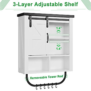 kepptory Medicine Cabinet with Adjustable Shelf and Sliding Door, Farmhouse Bathroom Cabinet Wall Mount with Towel Bar and 6pcs Hooks, Floating Storage Cabinet for Bathroom, Kitchen, Hallway