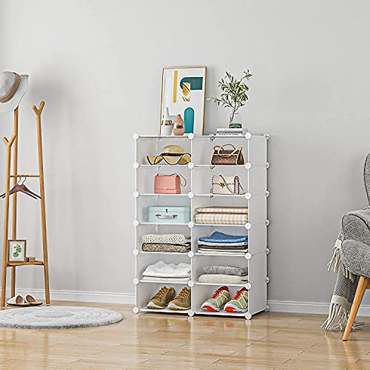 Aeitc Stackable Closet Organizer 6-Shelf Adjustable Space Saver Closet Storage for Folded Clothes and Accessory,White (18 Section)